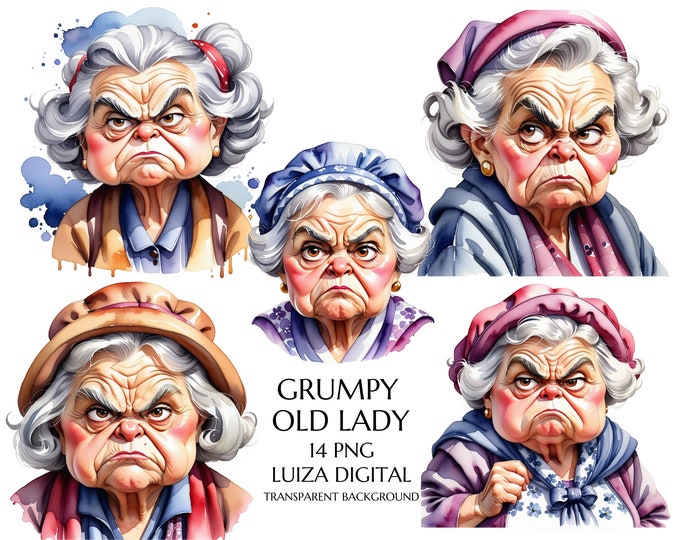 Cute Grumpy Granny Clipart, Woman Clipart, Funny Old Ladies, Grumpy ...