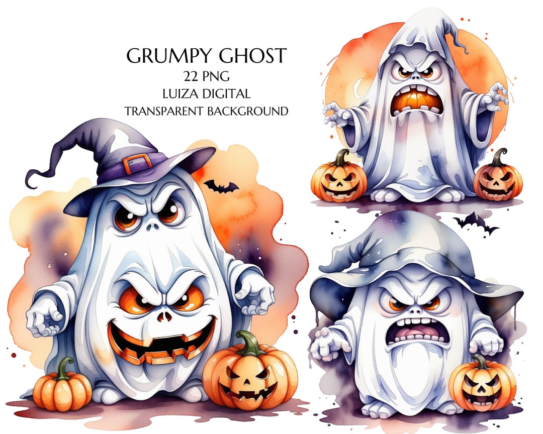 Halloween Ghost Clipart, Halloween Pumpkin Clipart Bundle, Cute Grumpy ...