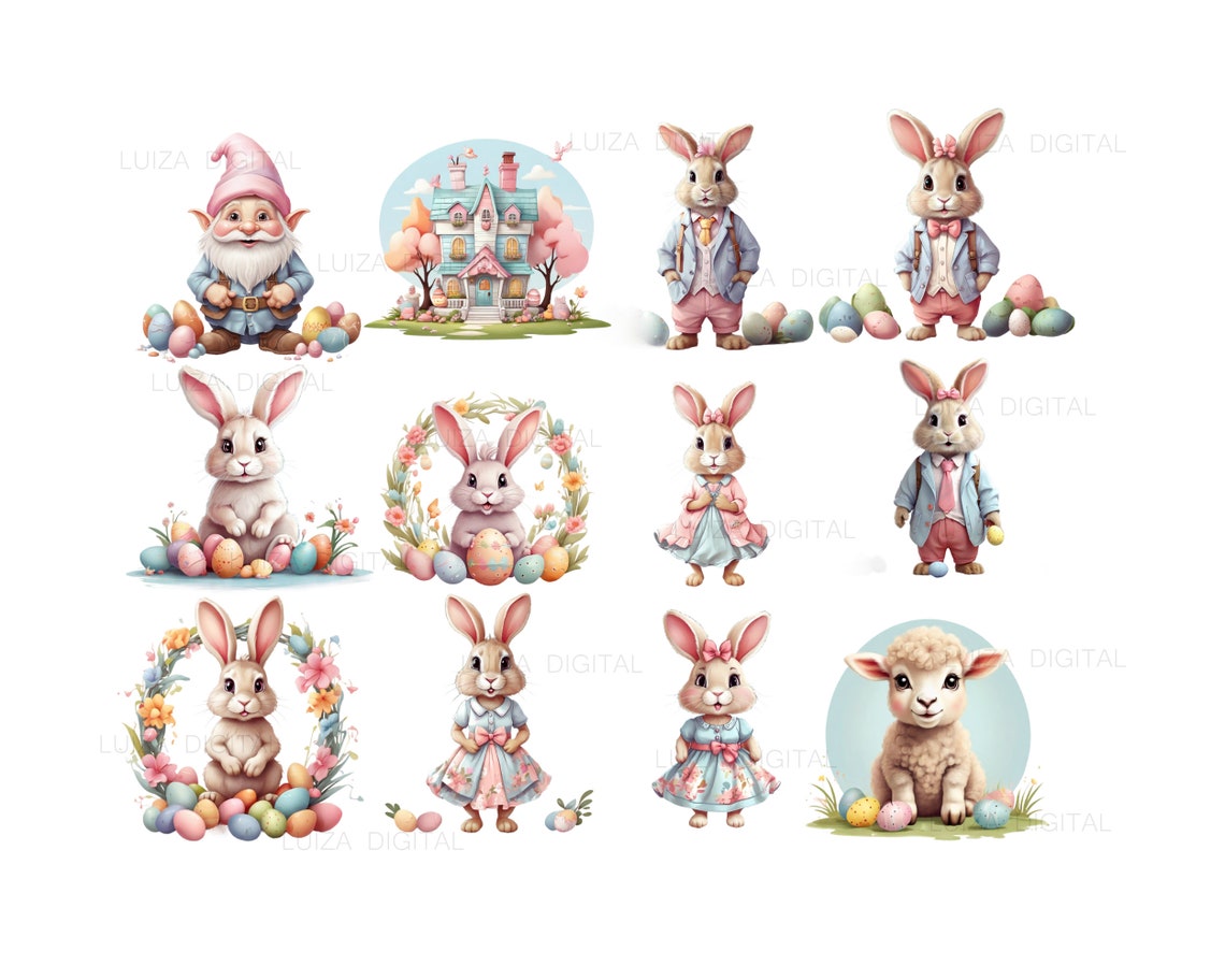 Pastel Easter Bunny Clipart, Watercolor Spring Rabbit Couple, Boho ...