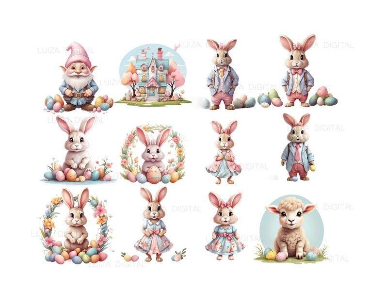 Pastel Easter Bunny Clipart, Watercolor Spring Rabbit Couple, Boho ...