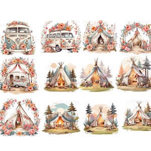 Watercolor Boho Caravan Clipart Bundle, Cute Floral Camper Vans, Cozy ...