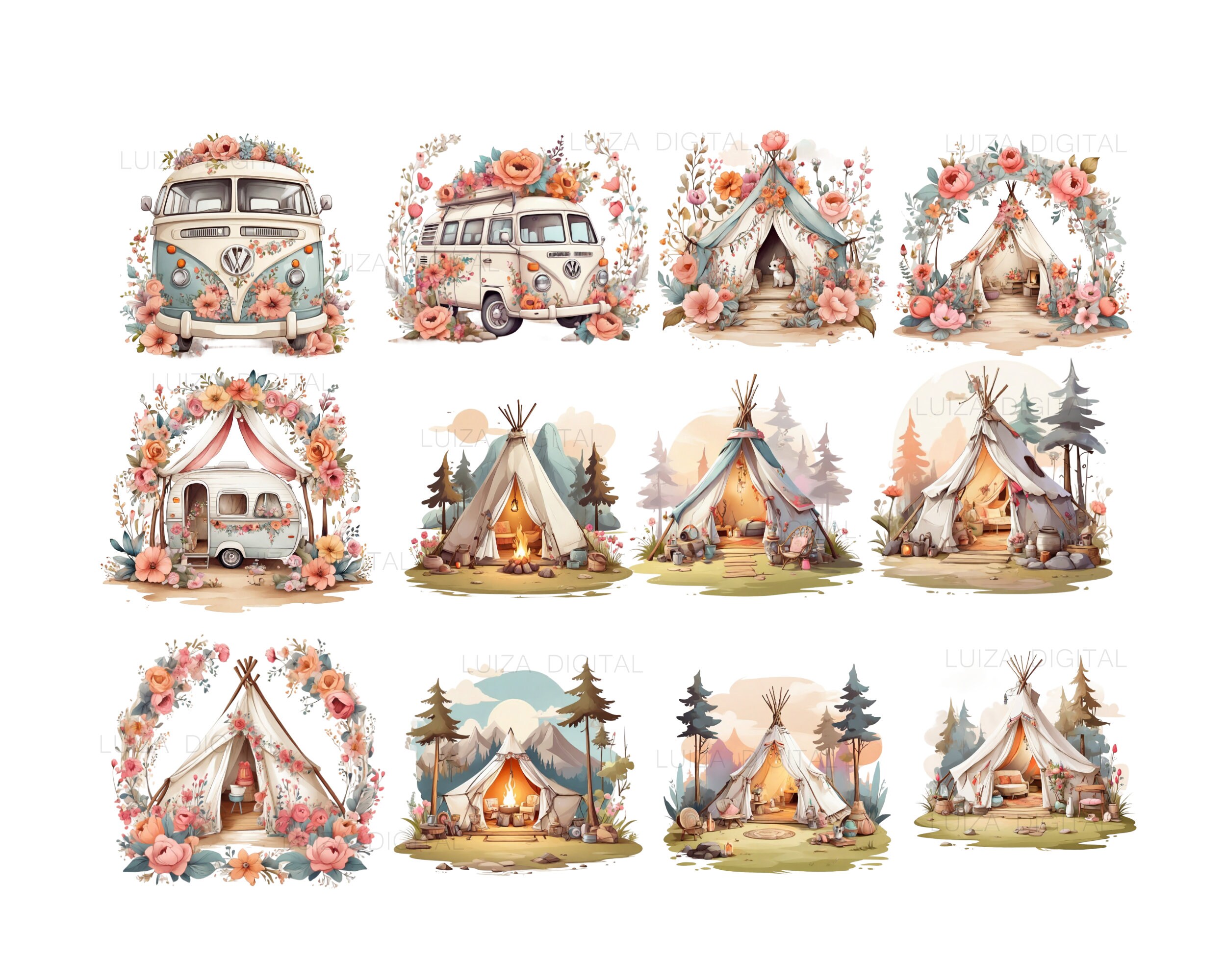 Watercolor Boho Caravan Clipart Bundle, Cute Floral Camper Vans, Cozy ...