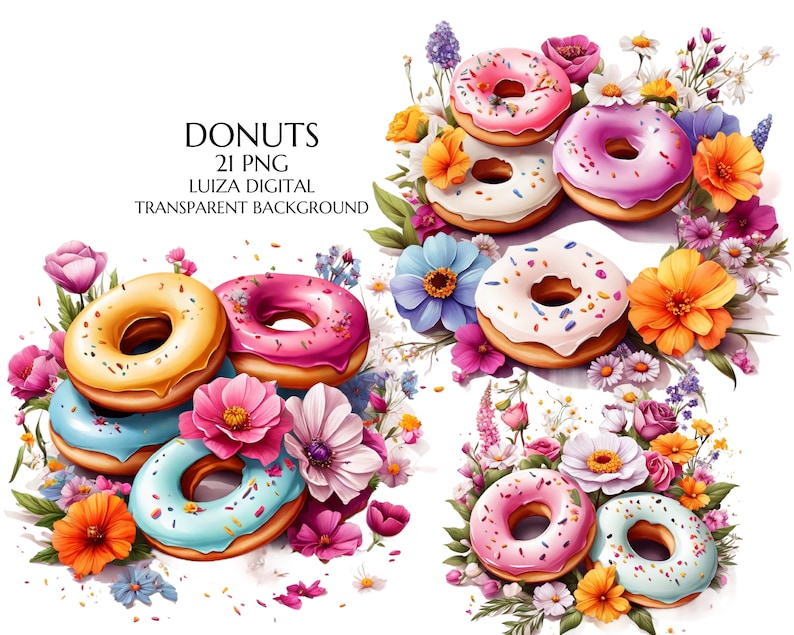 Donuts Clipart Watercolor Floral Donuts PNG, Dessert Clipart, Food ...