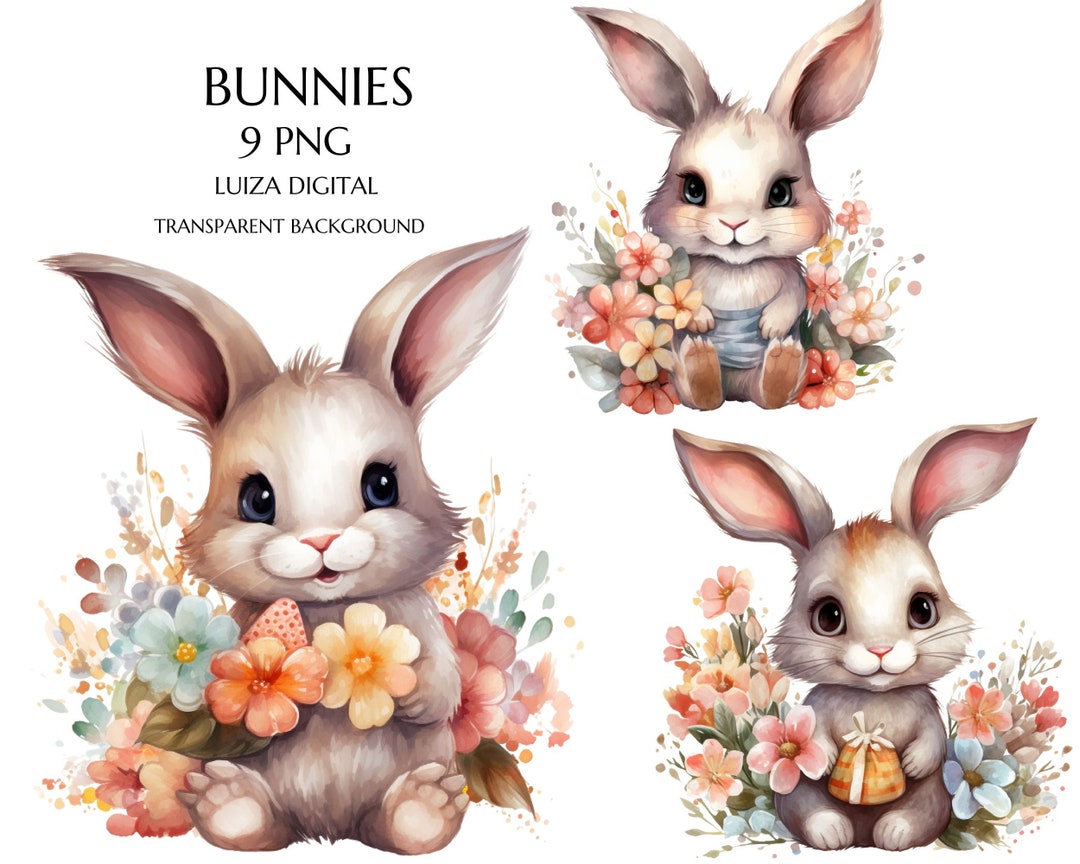 Watercolor Floral Bunny Clipart, Vintage Easter Bunny Clipart, Baby ...