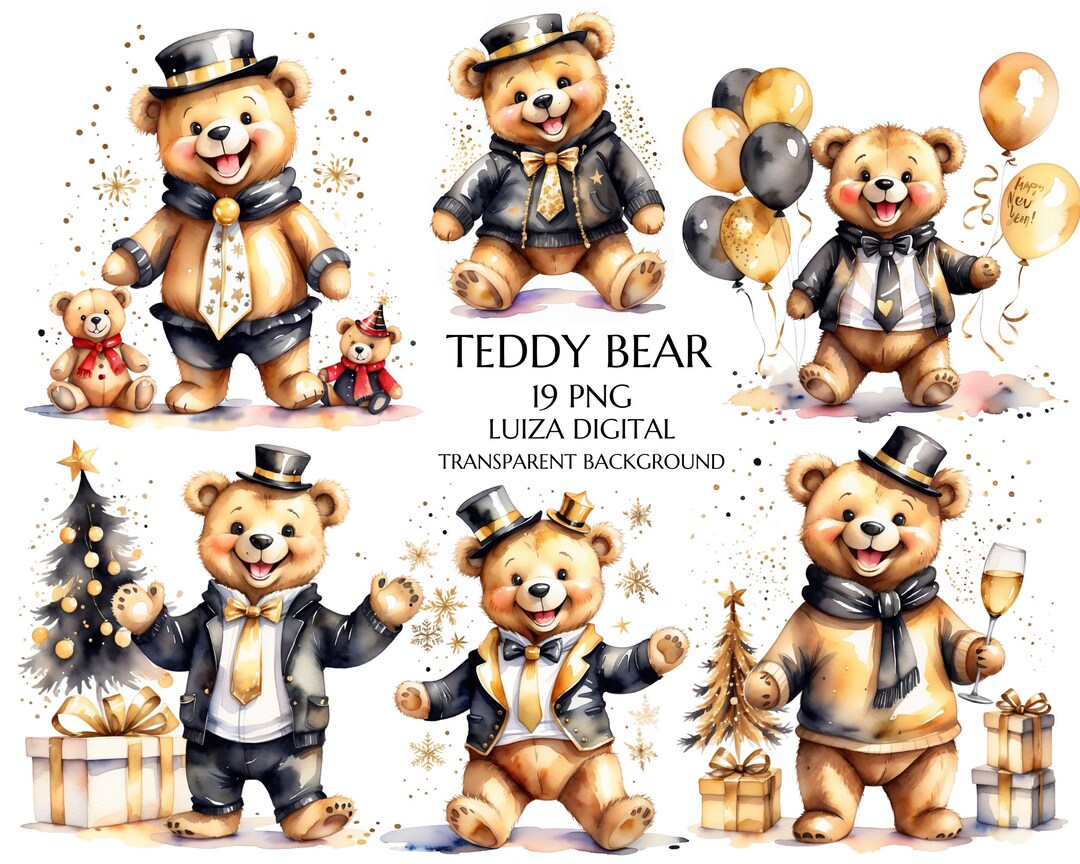 Watercolor Gold Teddy Bear Clipart, Gold & Black New Year Teddy Bear ...