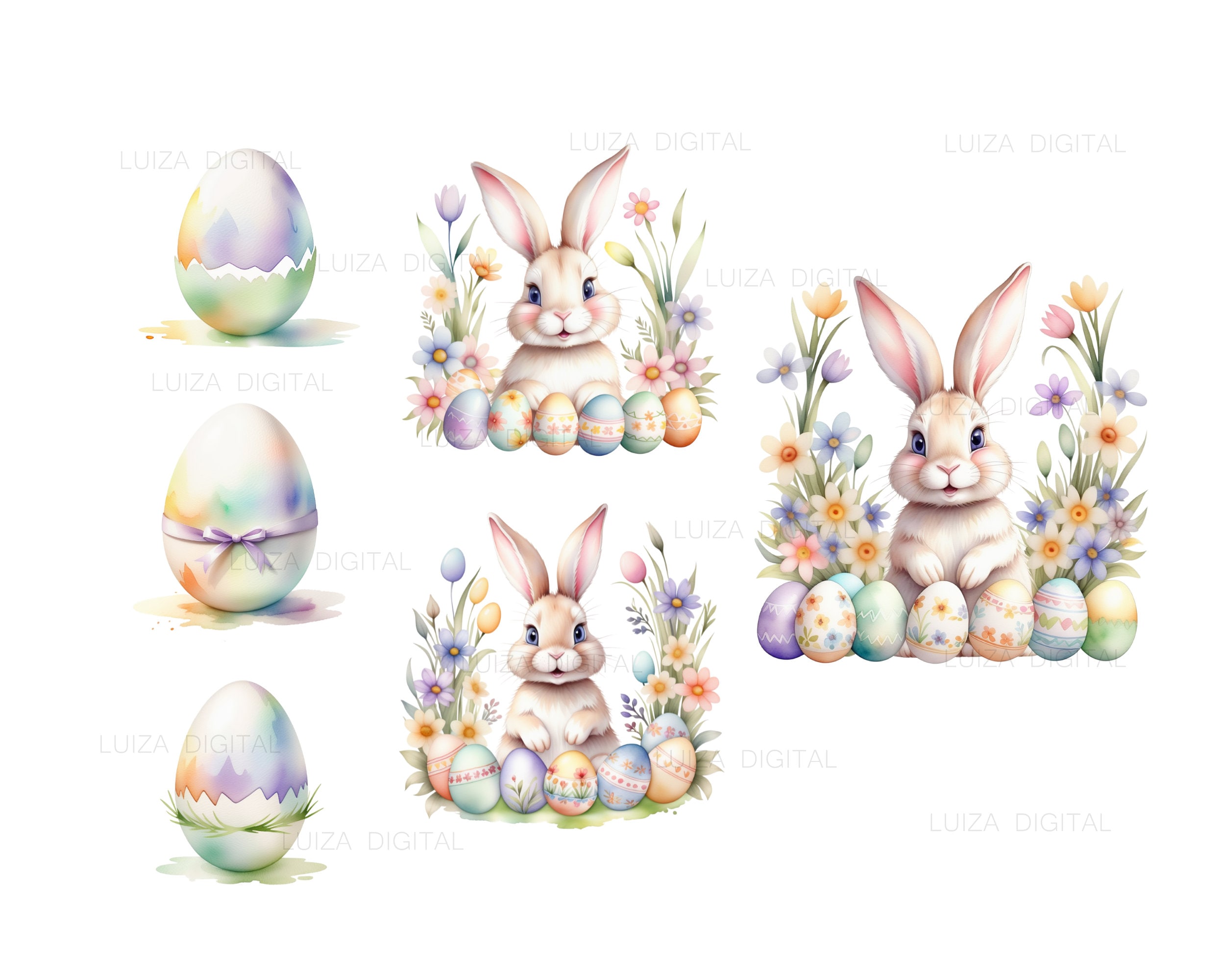 Pastel Easter Bunny Clipart, Rabbit Clipart, Easter Eggs With Flowers ...
