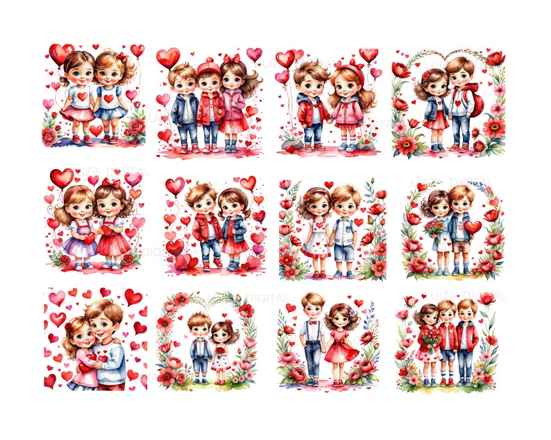 Watercolor Cute Valentine's Day Clipart, Kawaii Valentines Day Hearts ...