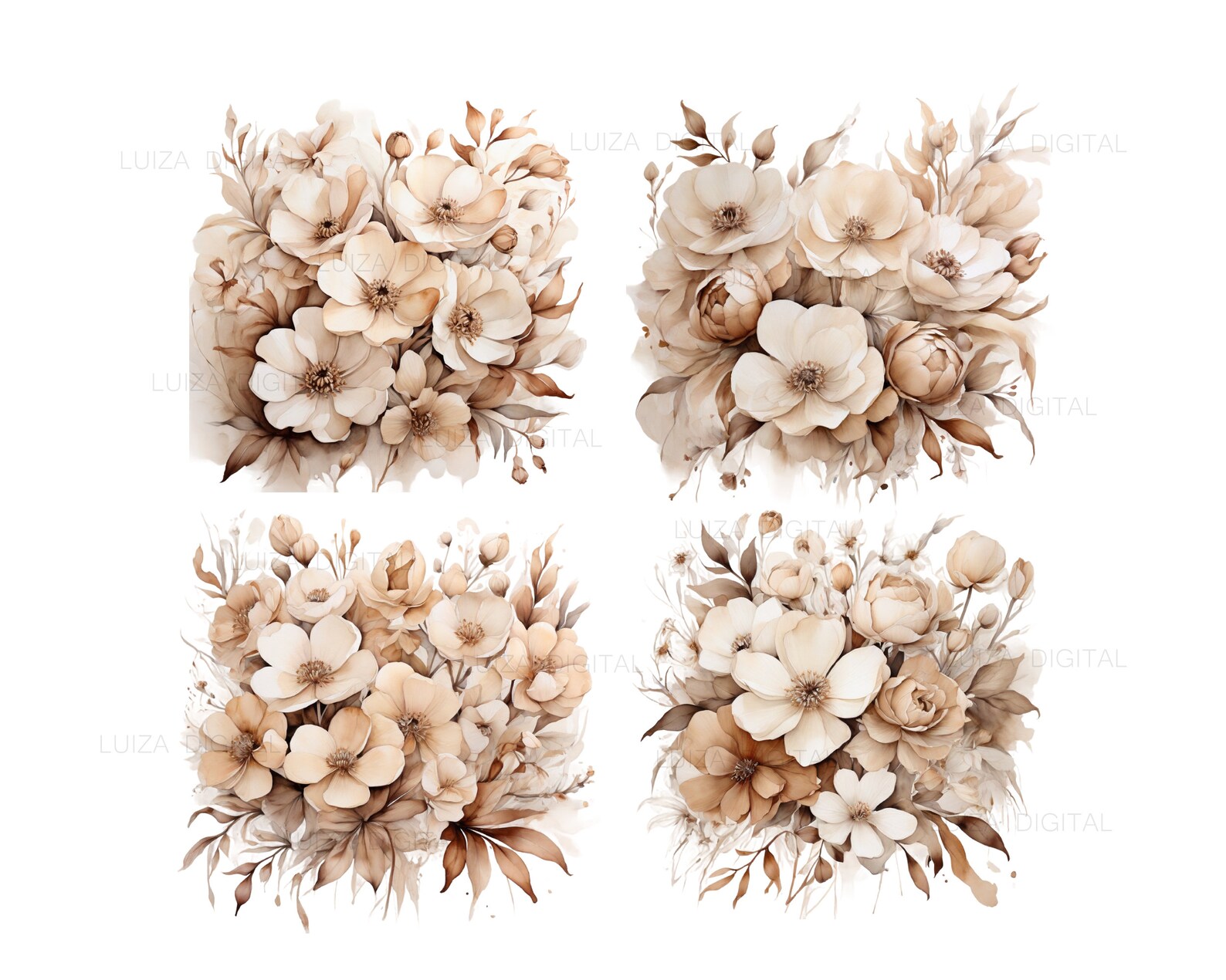 Neutral Flowers PNG, Watercolor Floral Clipart Bouquets, Wedding ...