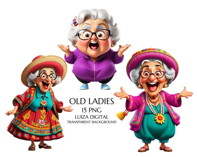 Funny Cartoon Old Ladies Clipart Bundle, Grannie Sticker, Drunk ...