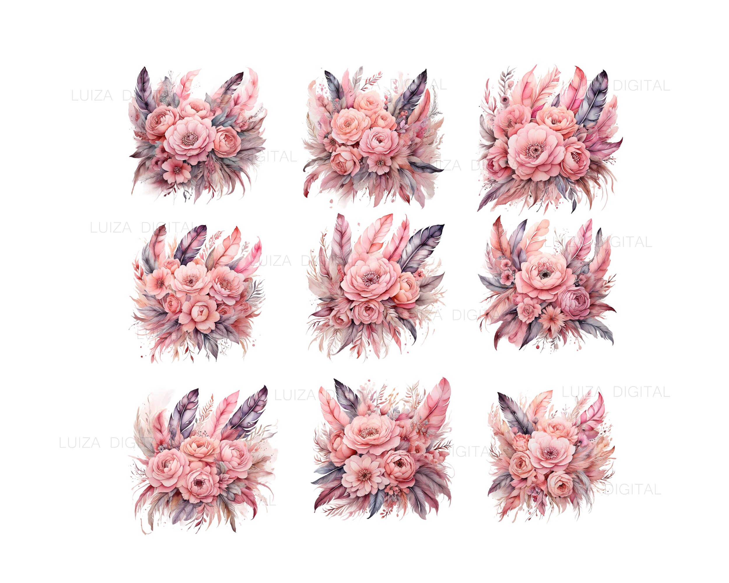 Boho Floral Clipart, Bohemian Bouquet Clipart, Meadow Flowers Clipart ...