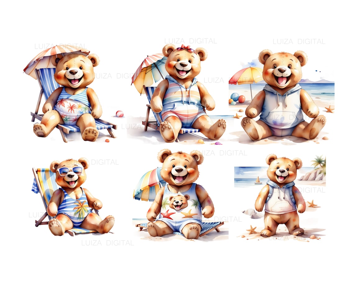 Beach Teddy Bear Clipart, Summer Nursery Clipart, Happy Baby Teddy Bear ...