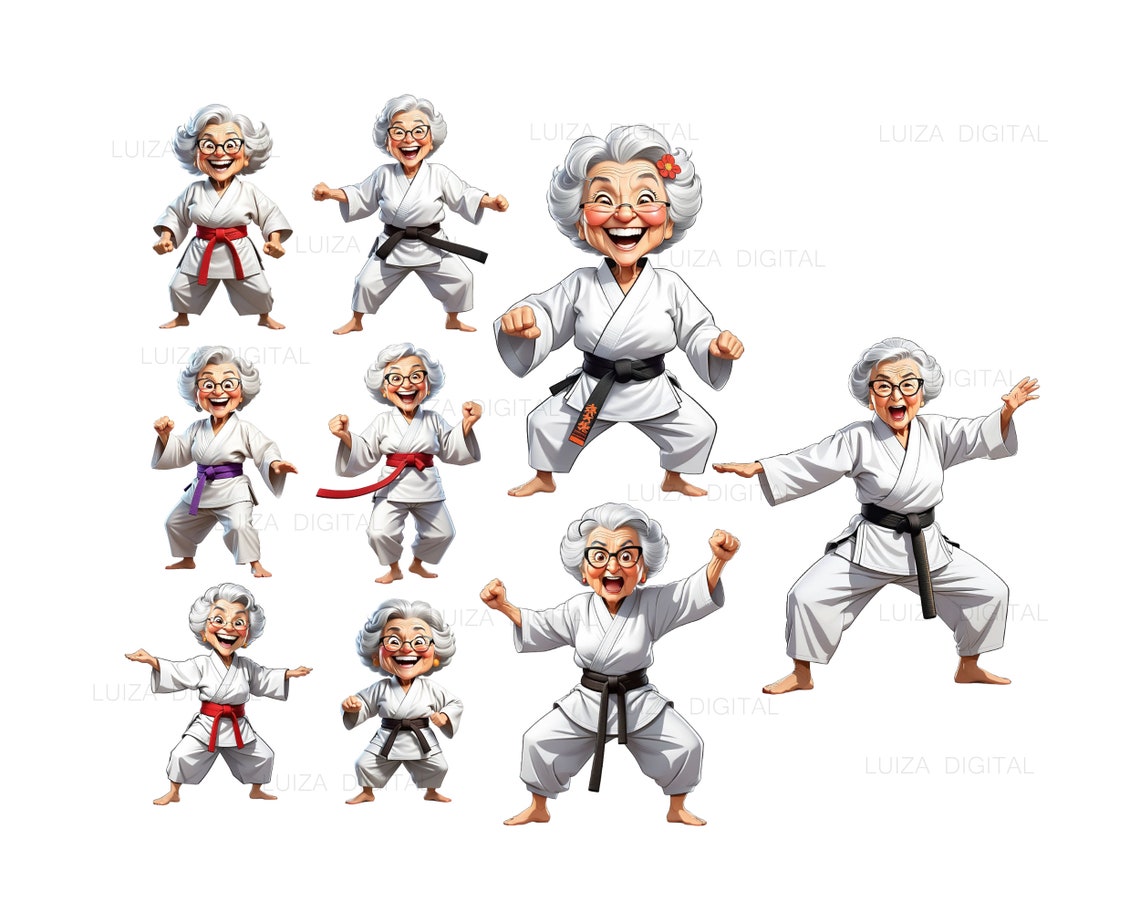 Watercolor Karate Old Lady Clipart, Kung Fu Old Lady Png, Quirky Woman Clipart, Karate Funny ...