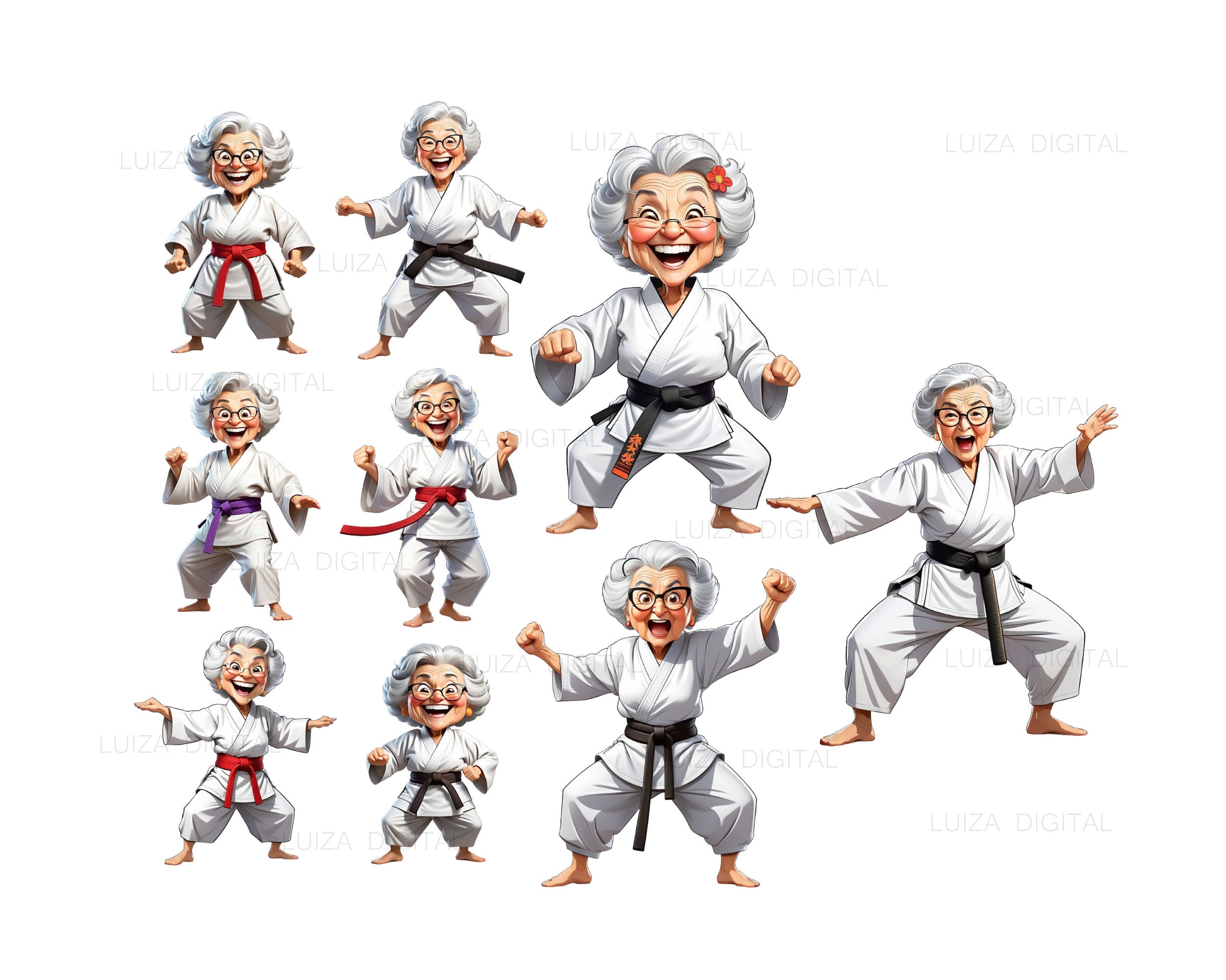 Watercolor Karate Old Lady Clipart, Kung Fu Old Lady Png, Quirky Woman ...
