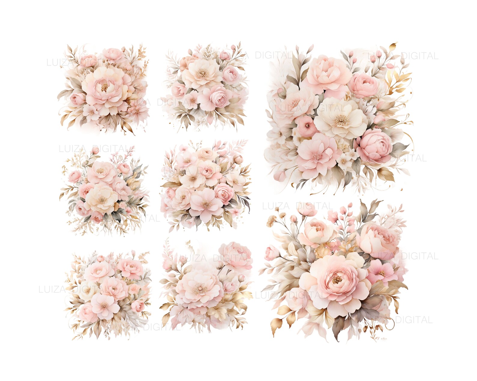 Pink & Gold Flowers PNG, Watercolor Floral Clipart Bouquets, Wedding ...