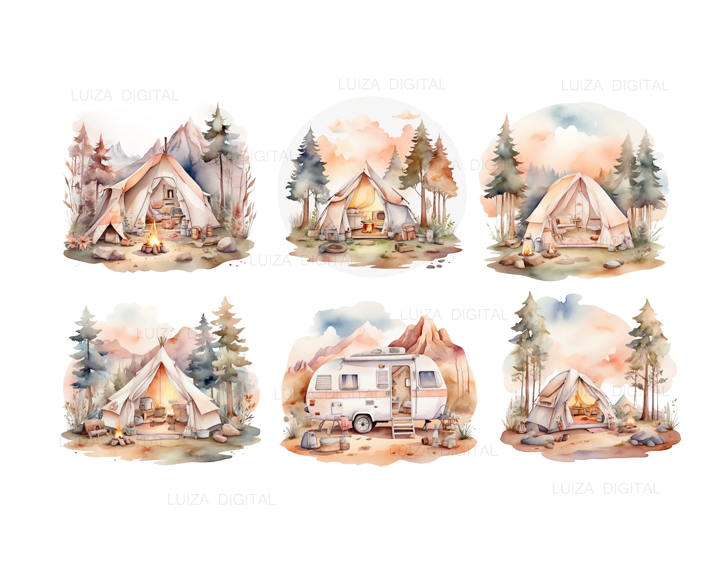 Watercolor Boho Caravan Clipart Bundle, Cute Floral Camper Vans, Cozy ...