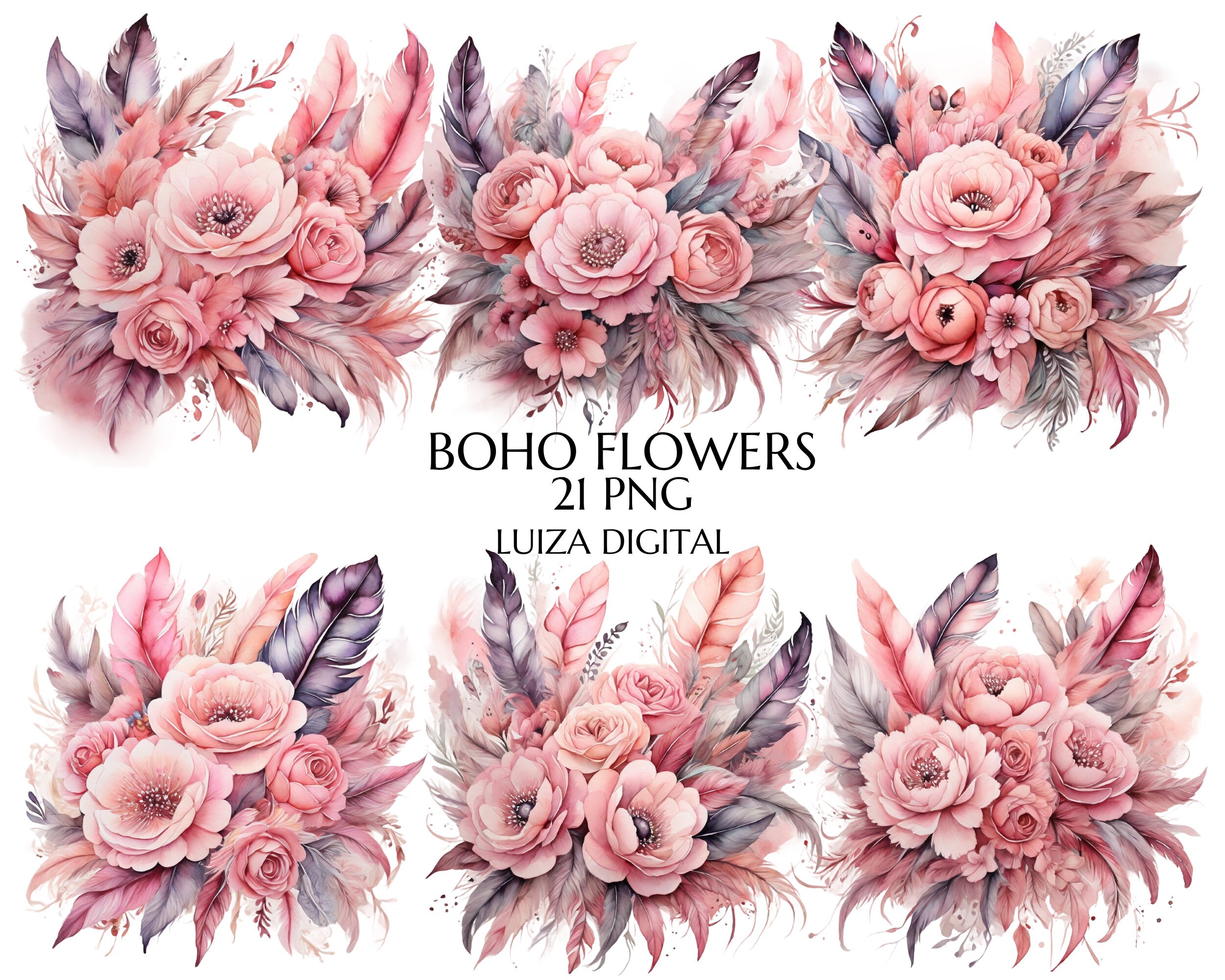 Boho Floral Clipart, Bohemian Bouquet Clipart, Meadow Flowers Clipart ...