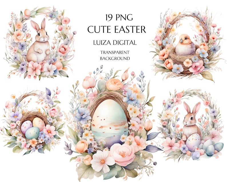 Pale Easter Bunny Clipart, Rabbit Clipart, Easter Eggs With Flowers ...