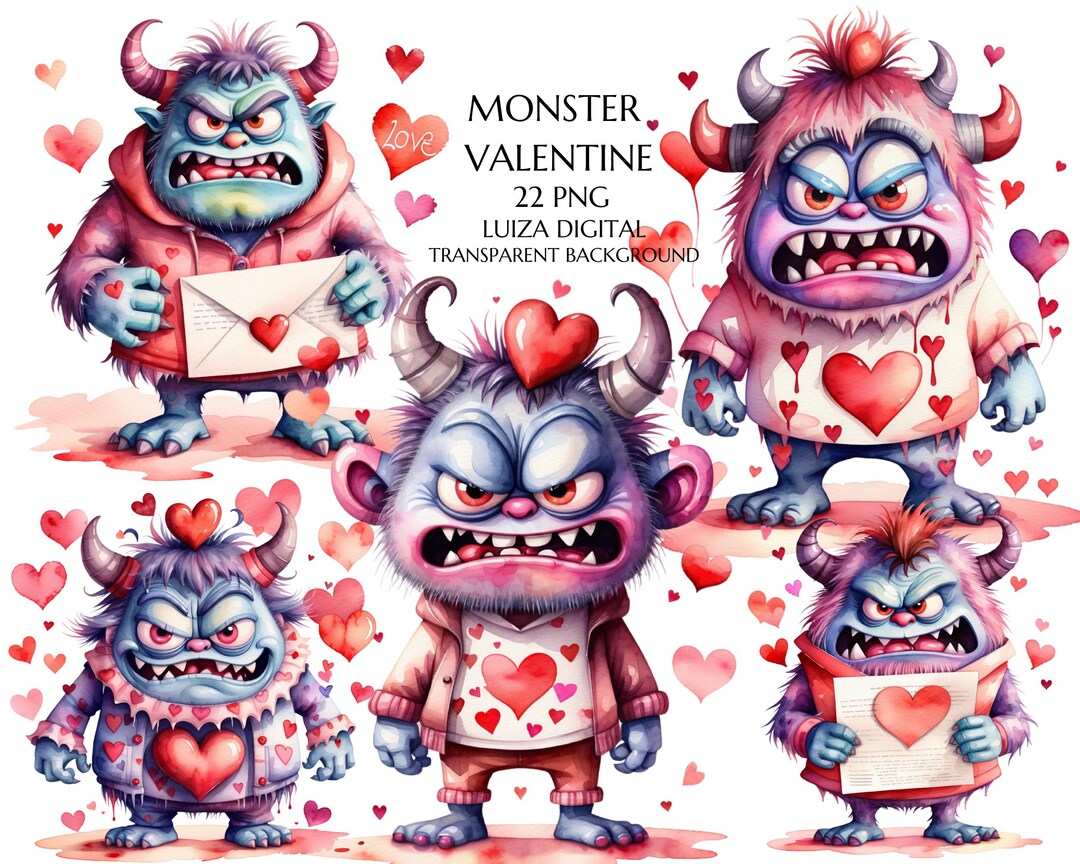 Valentines Monsters Clipart, 22 PNG Monsters in Love Clipart, Kids ...