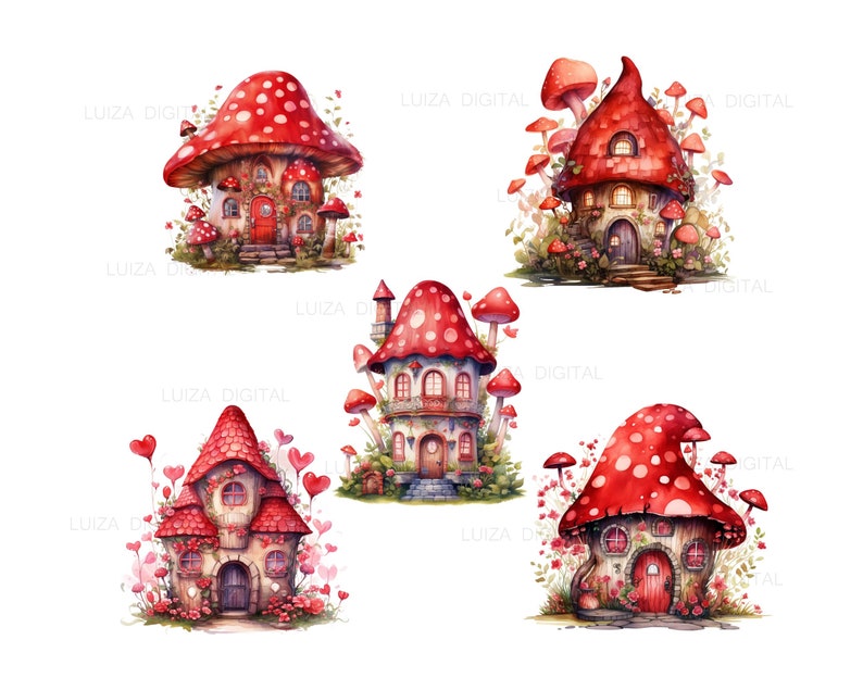 Adorable Red Fairy House Clipart, Watercolor Fairy House Clipart ...