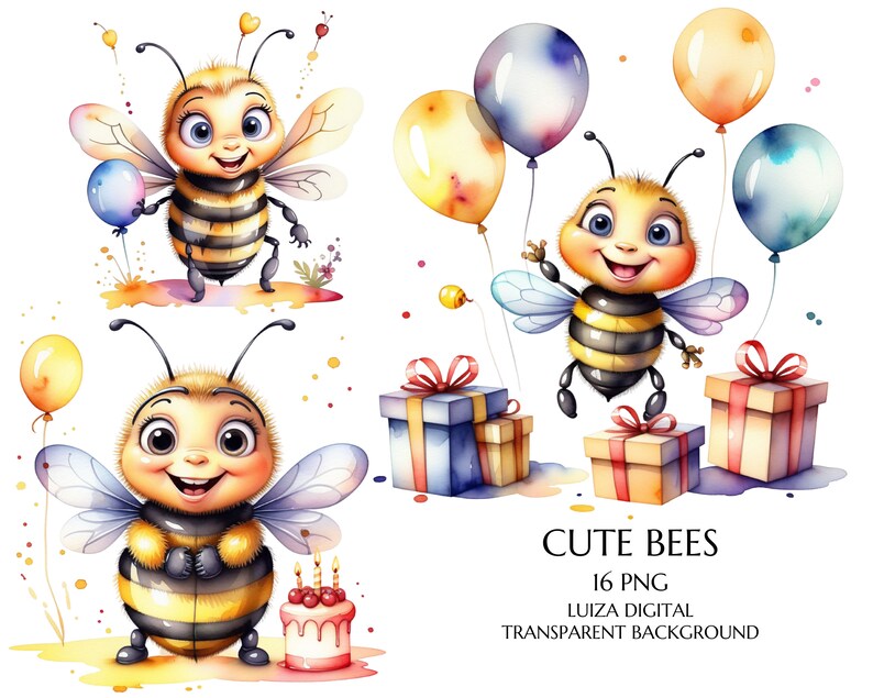 Watercolor Bees Clipart, Birthday Bees Clipart, Cute Baby Bee Clipart ...