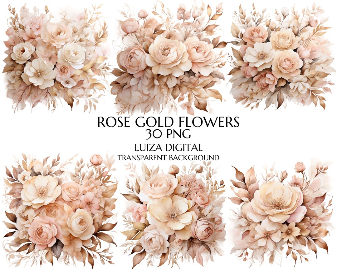 Pink & Gold Flowers PNG, Watercolor Floral Clipart Bouquets, Wedding ...