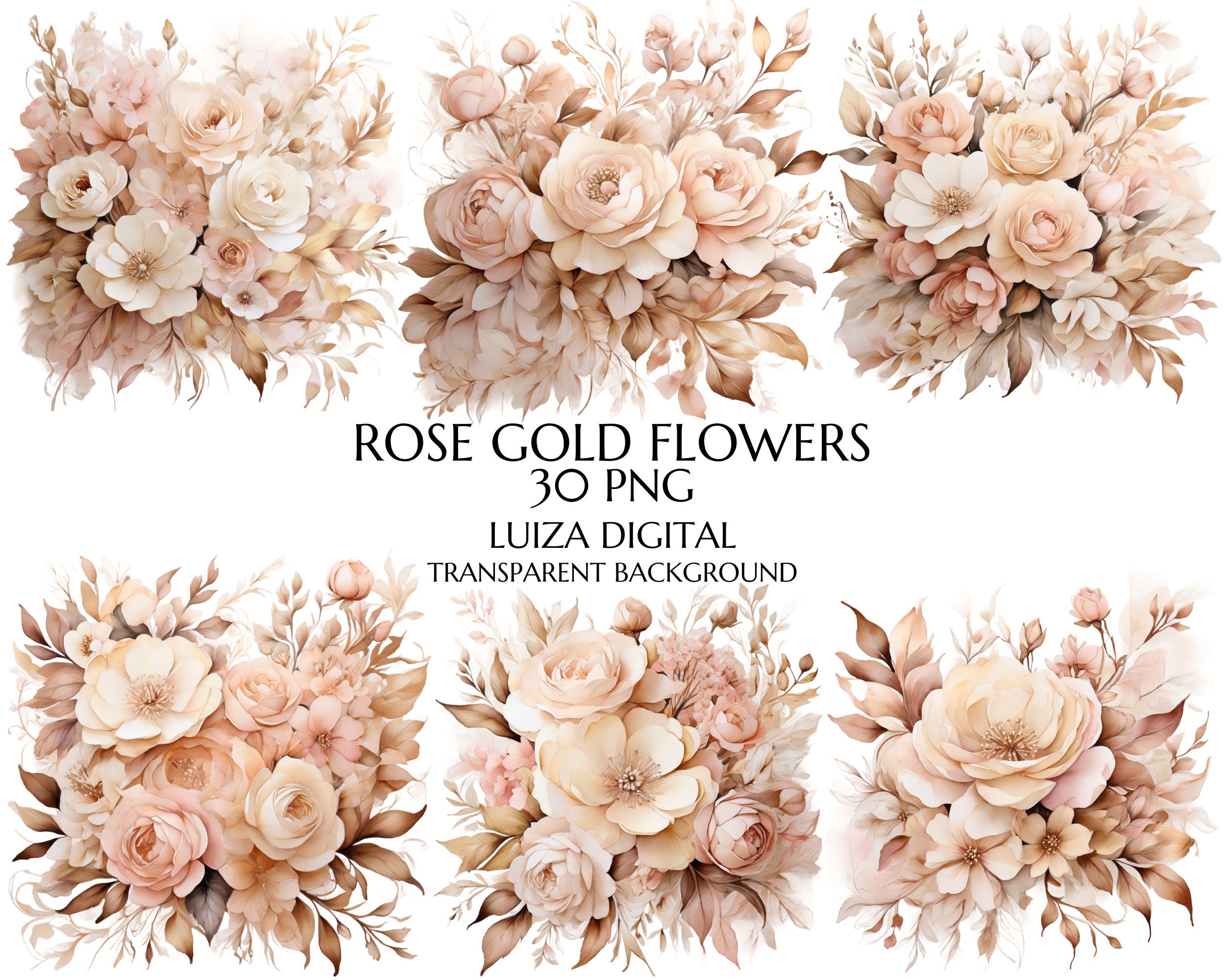 Pink & Gold Flowers PNG, Watercolor Floral Clipart Bouquets, Wedding ...