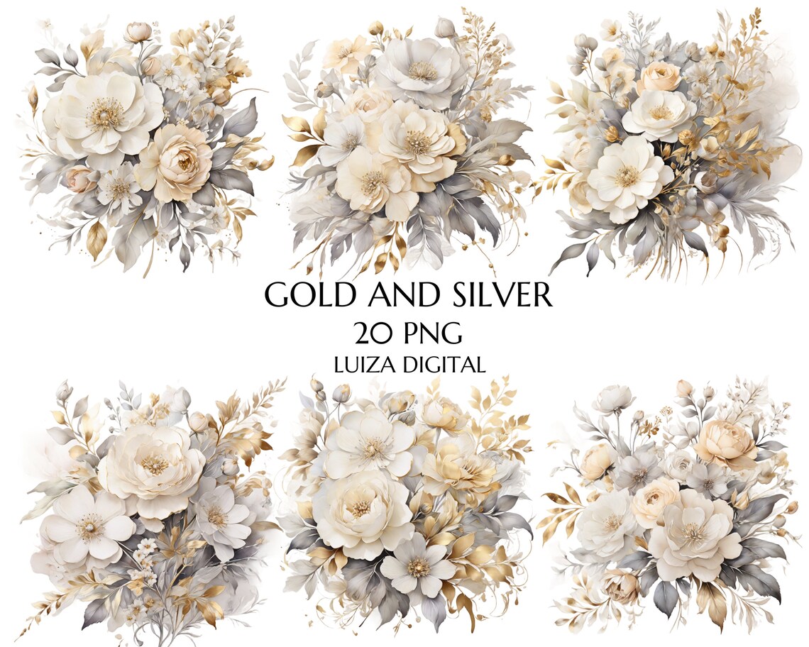 Silver and Gold Flowers PNG, Watercolor Floral Clipart Bouquets ...