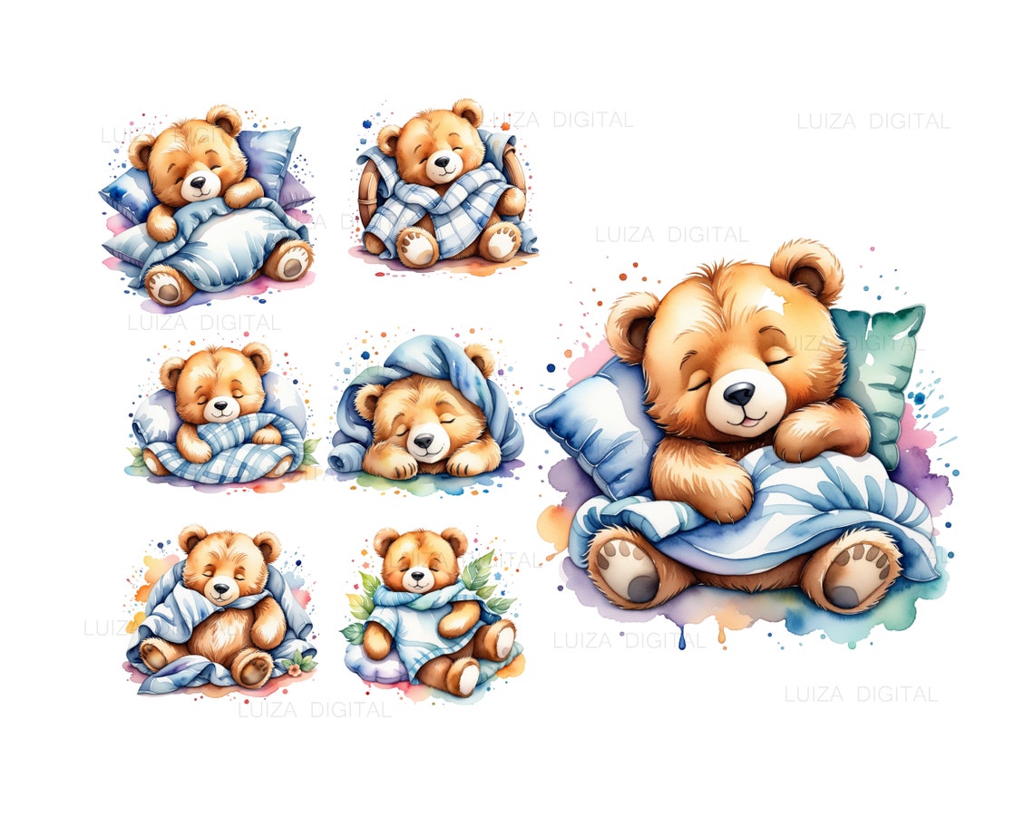 Watercolor Teddy Bear Clipart, Sleeping Teddy Bears, Baby Shower ...