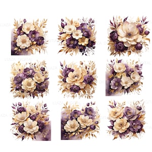 Purple and Gold Flowers PNG, Watercolor Floral Clipart Bouquets ...