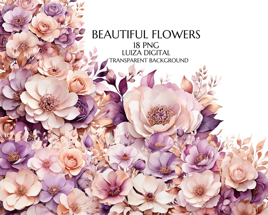 Rose Gold and Purple Flowers PNG, Watercolor Floral Clipart Bouquets ...