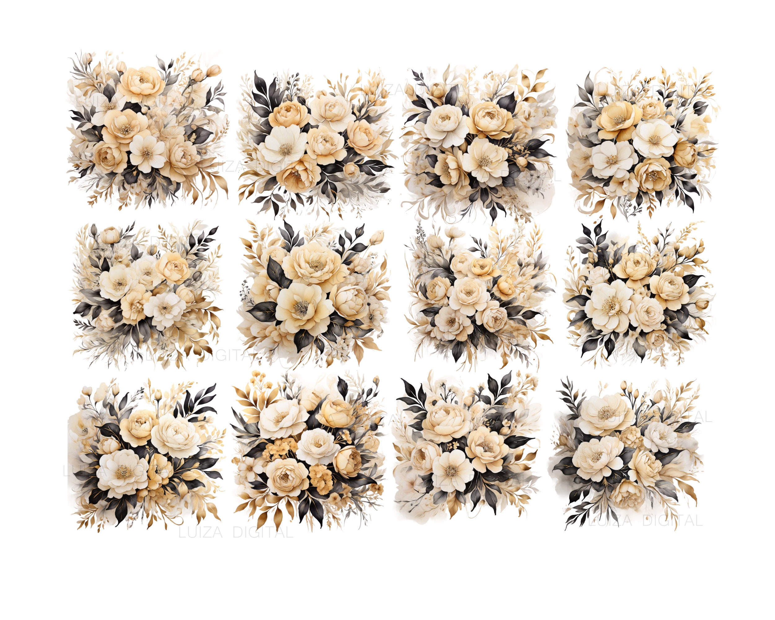 Black and Gold Flowers PNG, Watercolor Floral Clipart Bouquets, Wedding ...