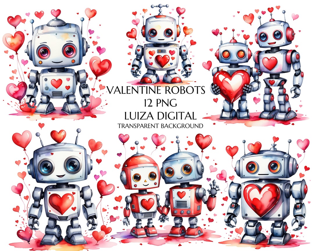 Valentine Robot Clipart Set, Robot Hearts and Love Clip Art PNG Files ...