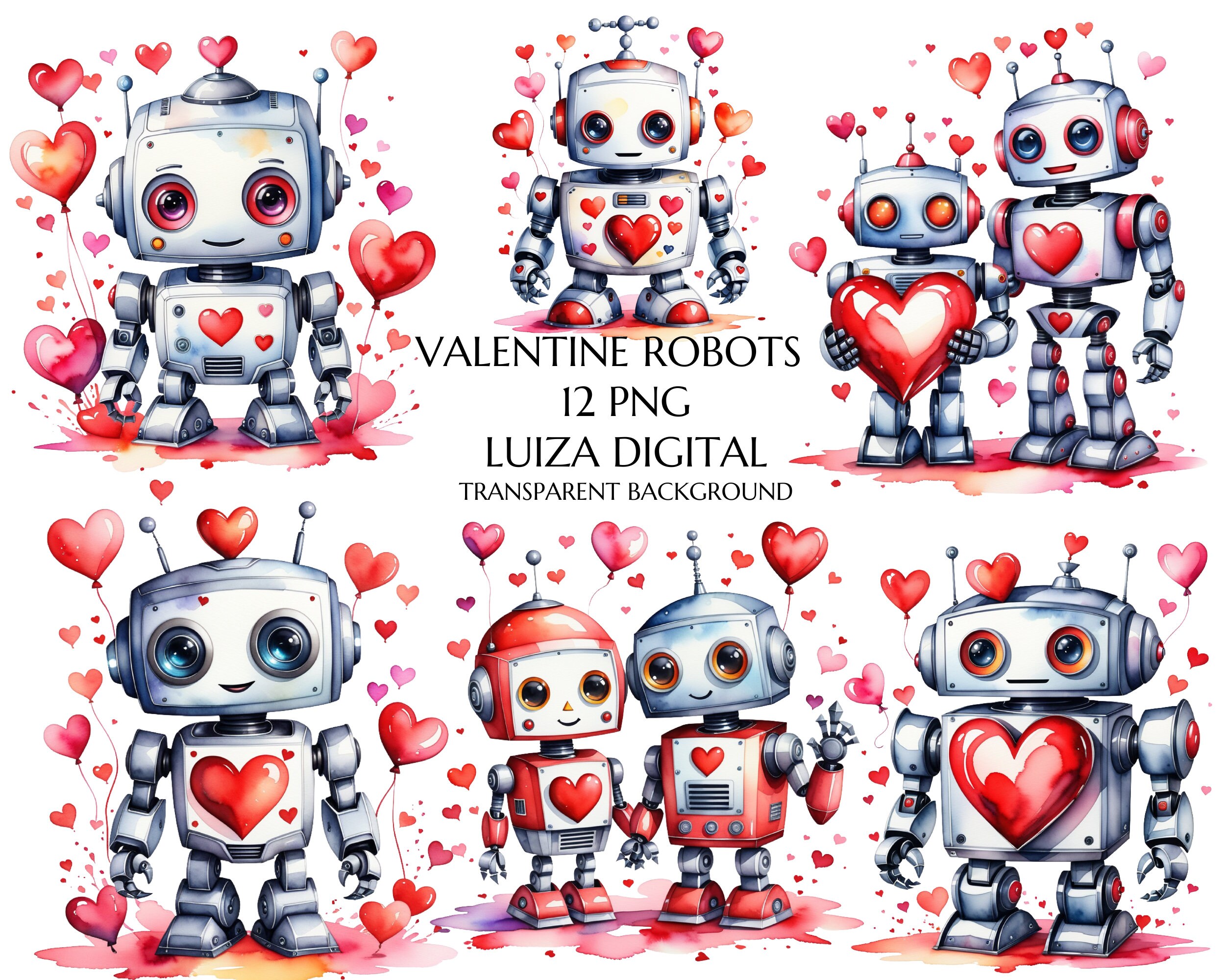 Valentine Robot Clipart Set, Robot Hearts and Love Clip Art PNG Files ...