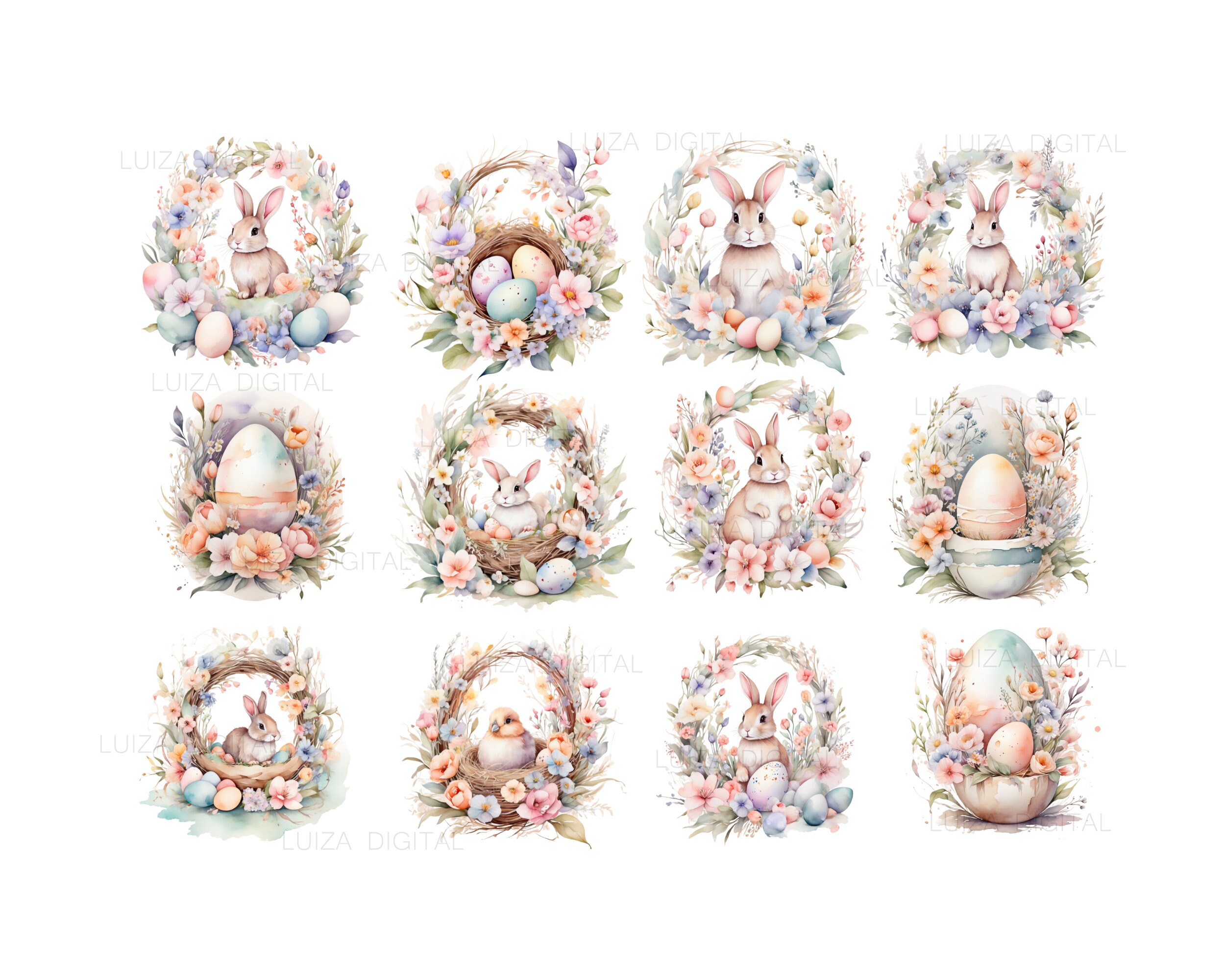 Pale Easter Bunny Clipart, Rabbit Clipart, Easter Eggs With Flowers ...