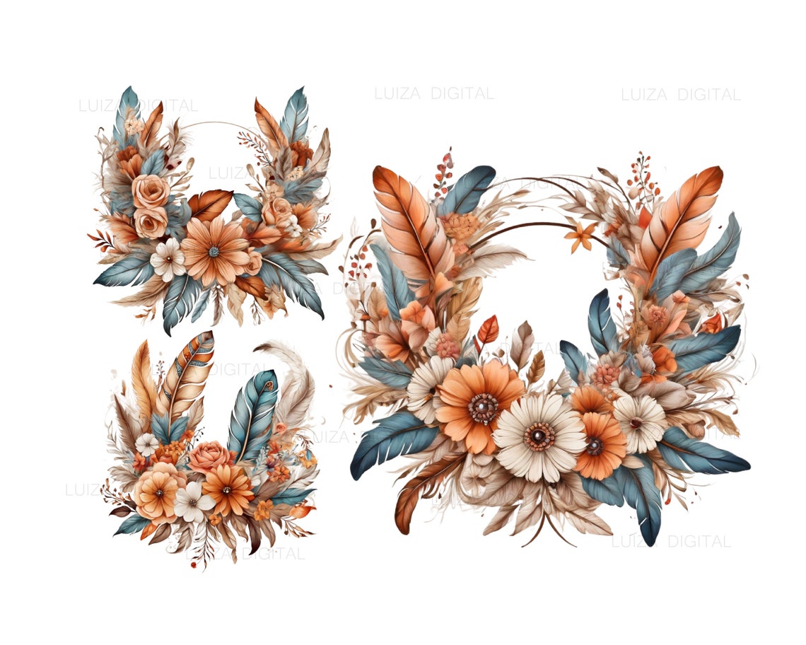 Boho Floral Clipart, Bohemian Bouquet Clipart, Meadow Flowers Clipart ...