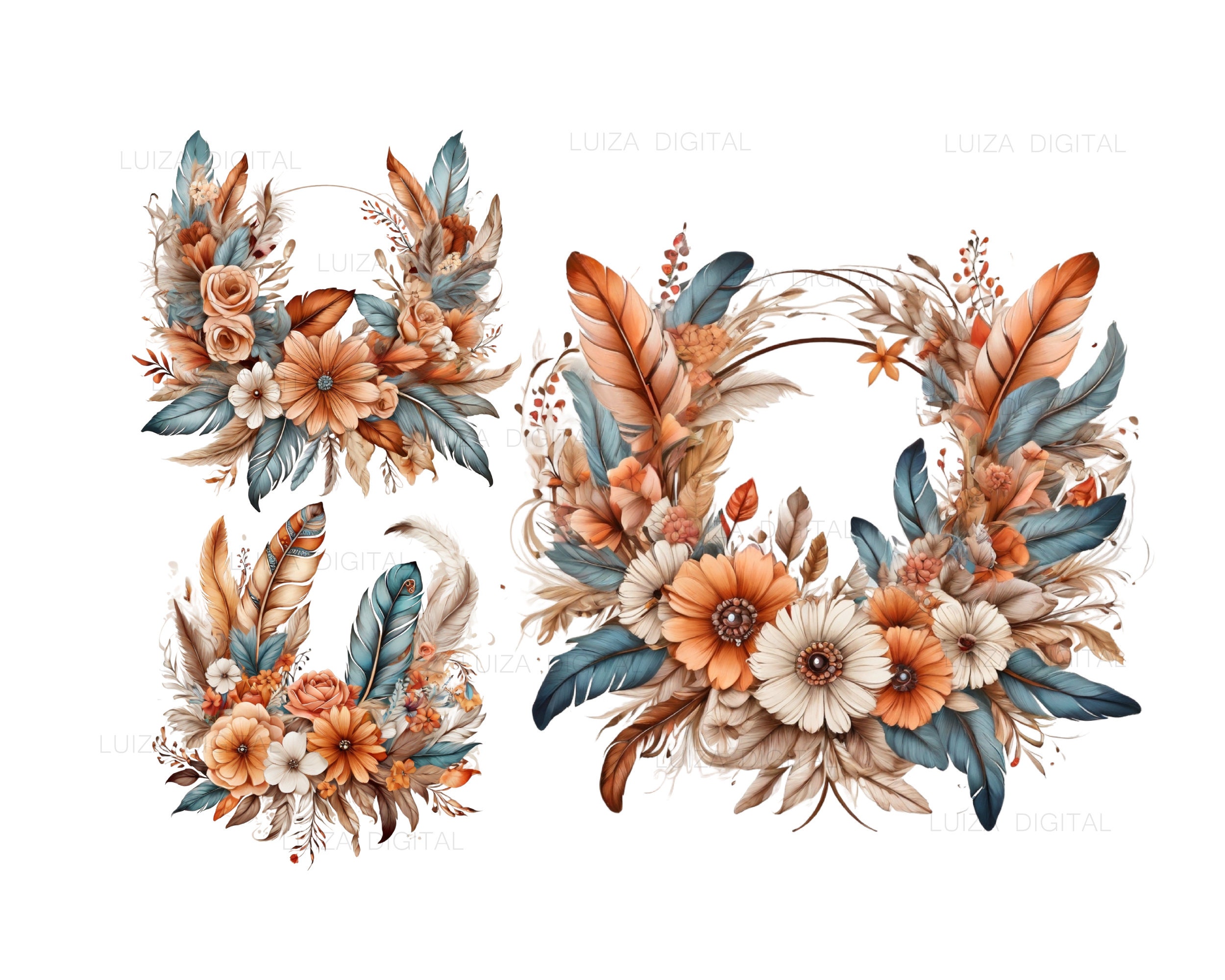 Boho Floral Clipart, Bohemian Bouquet Clipart, Meadow Flowers Clipart ...