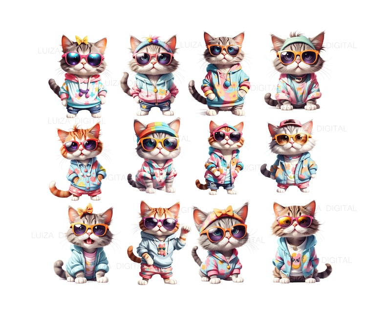 Cute Cat Clipart Bundle, Clip Art Set of 18 High Quality Pngs, Happy ...