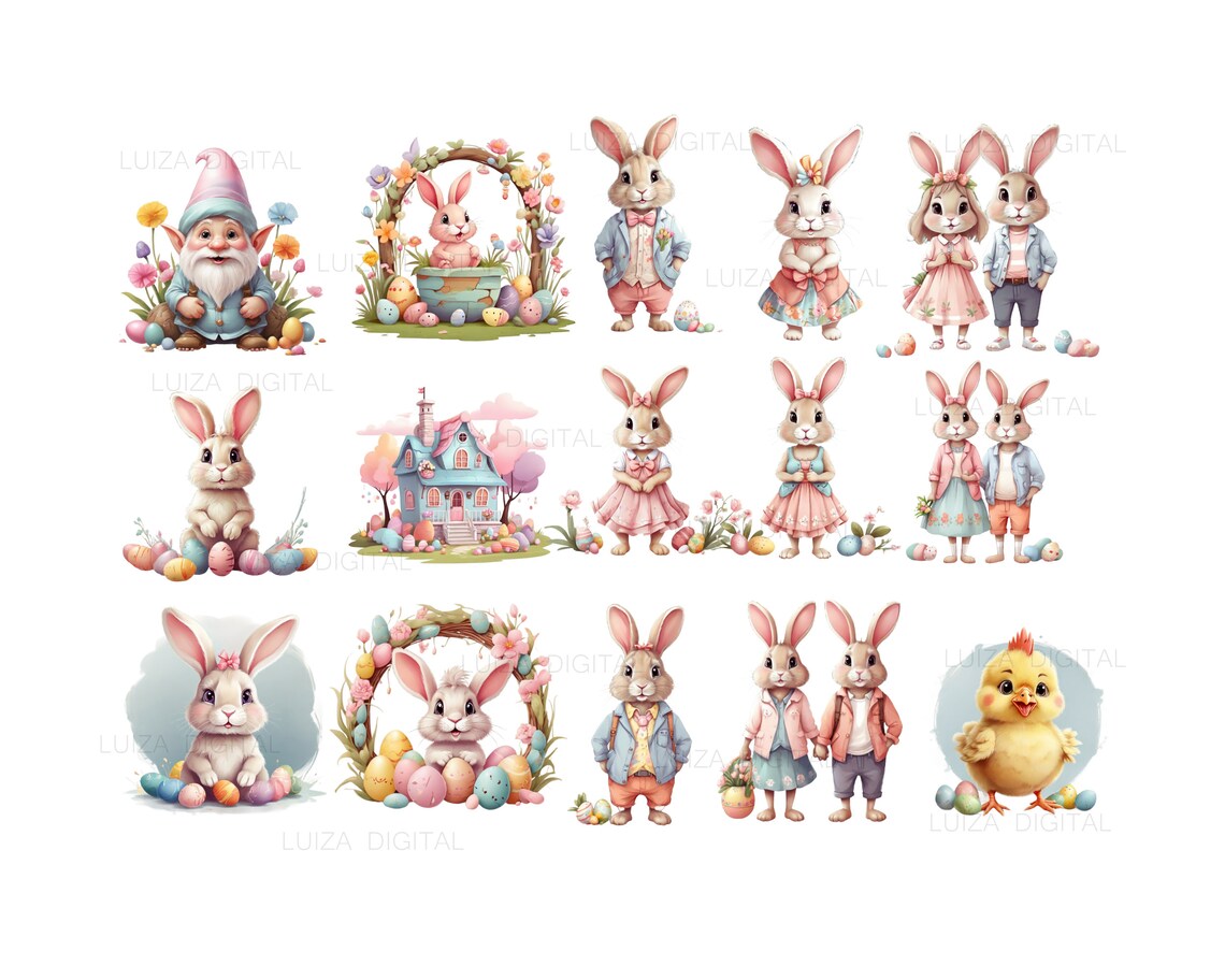 Pastel Easter Bunny Clipart, Watercolor Spring Rabbit Couple, Boho ...