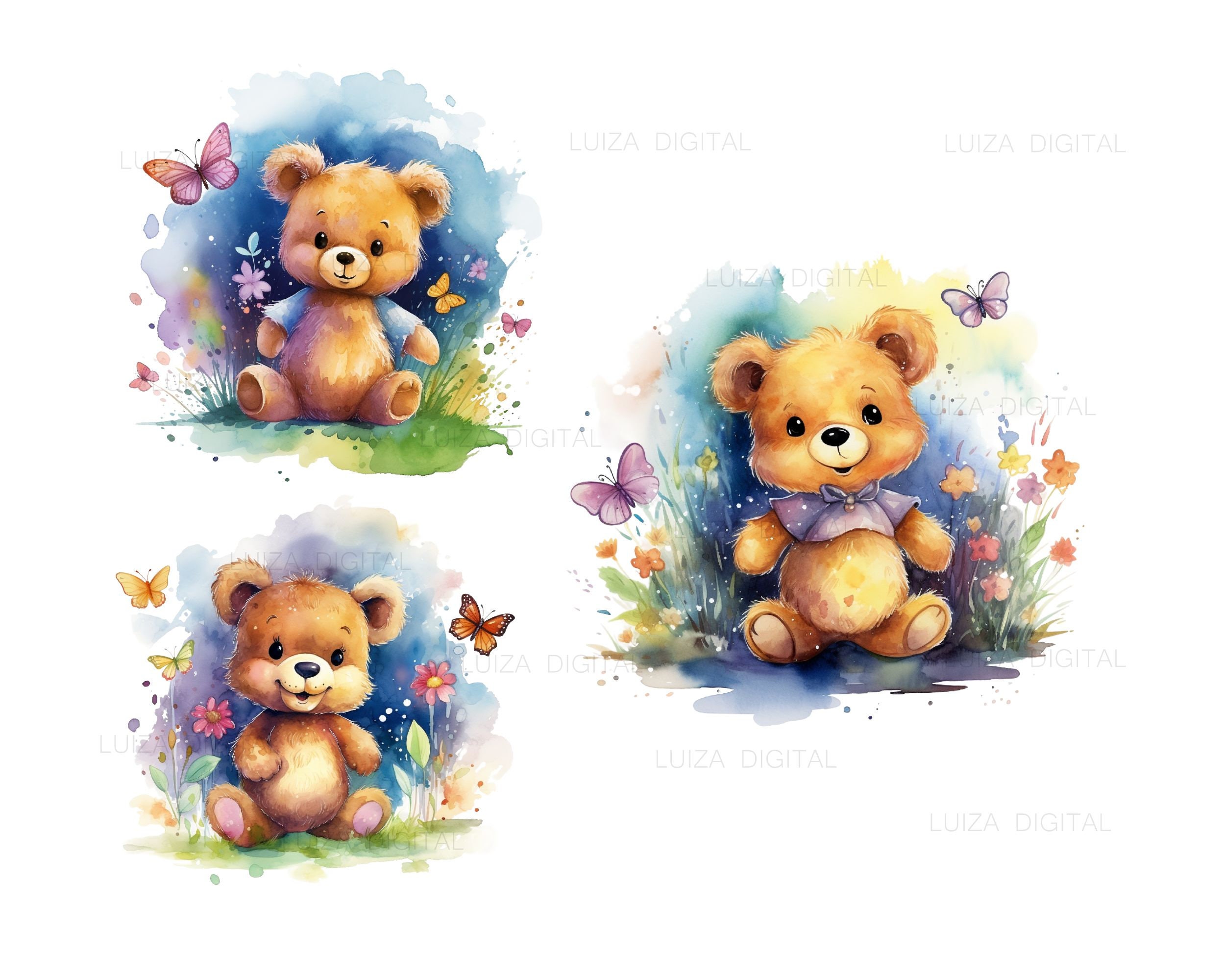 Watercolor Teddy Bear Clipart, Spring Teddy Bear PNG, Newborn Clipart ...