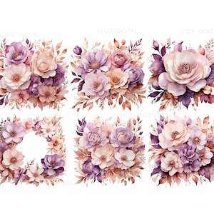 Rose Gold and Purple Flowers PNG, Watercolor Floral Clipart Bouquets ...