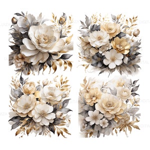 Silver and Gold Flowers PNG, Watercolor Floral Clipart Bouquets ...