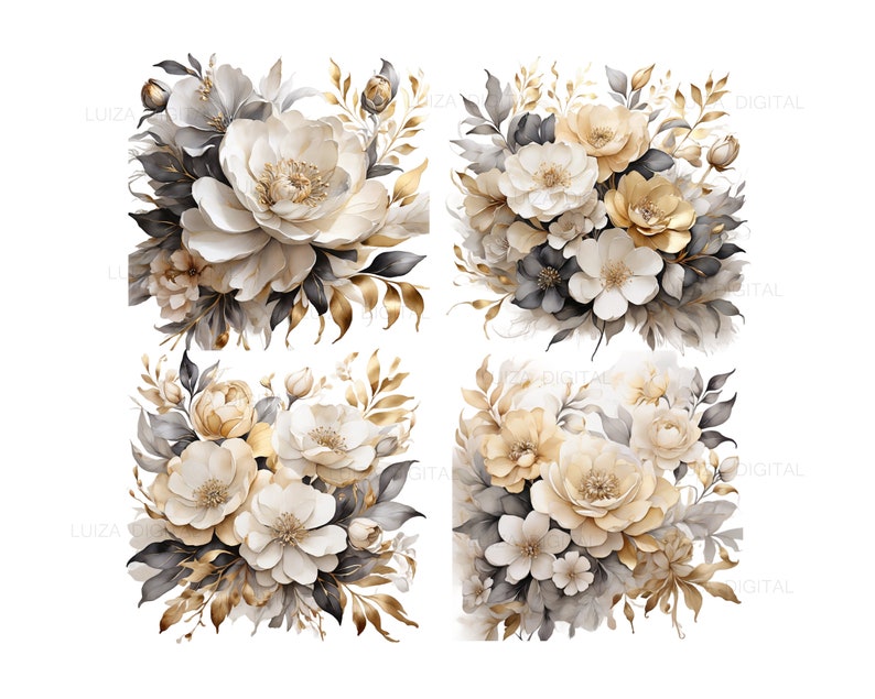 Silver and Gold Flowers PNG, Watercolor Floral Clipart Bouquets ...
