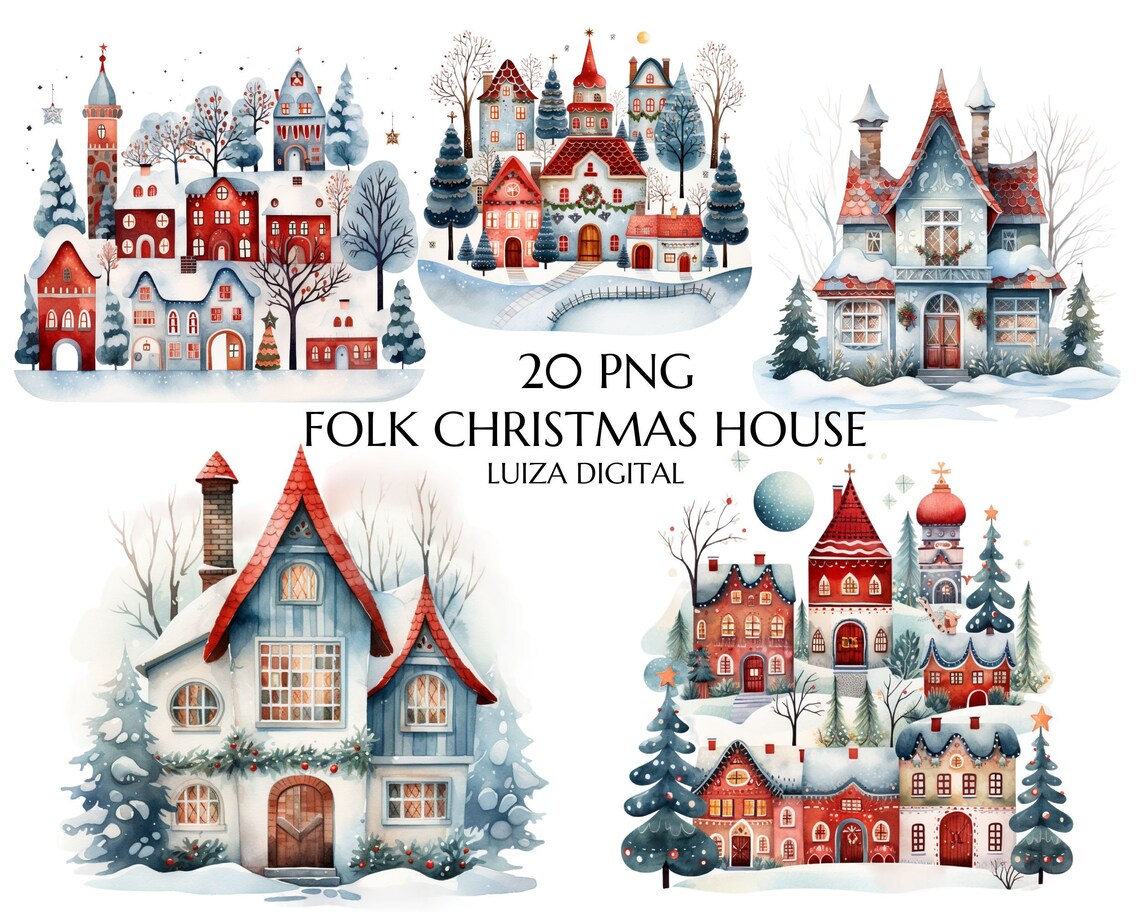 Scandinavian Christmas House Clipart Watercolor Folk - Etsy