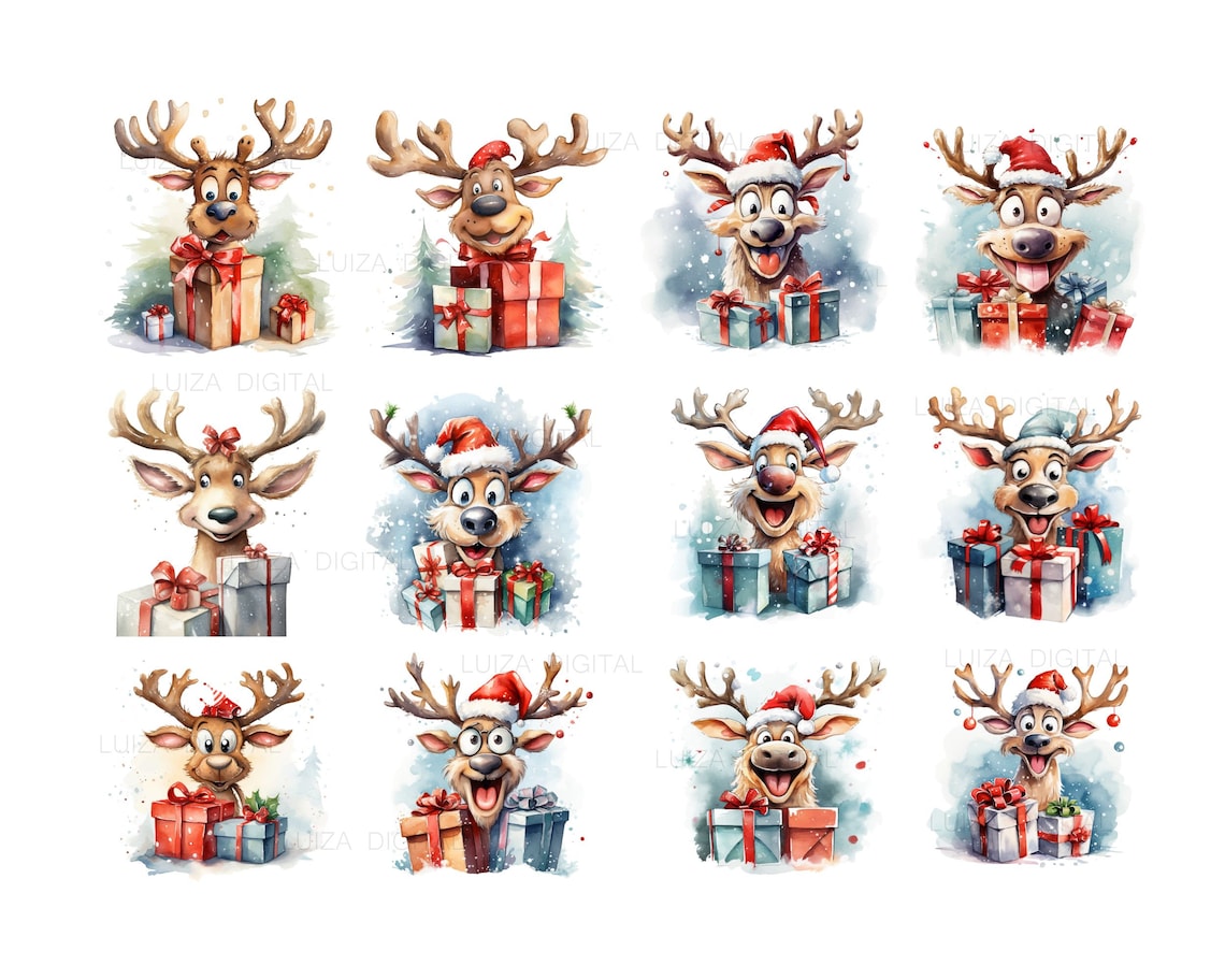 Watercolor Reindeer Clipart, Funny Reindeer PNG, Quirky Reindeer, High ...
