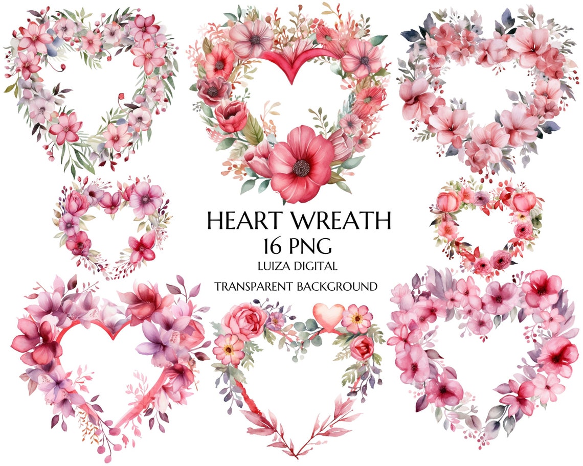 Watercolor Valentines Heart Wreath Clipart, Valentines Day Wildflower ...