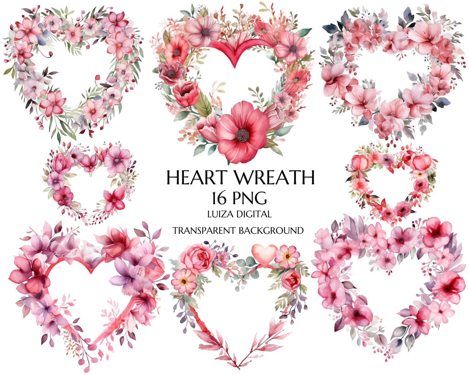 Watercolor Valentines Heart Wreath Clipart, Valentines Day Wildflower ...