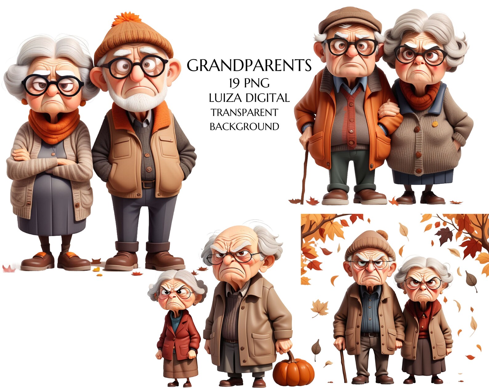 Cute Grumpy Old Couple Clipart, Old Lady and Old Man, Cartoon Grandma ...