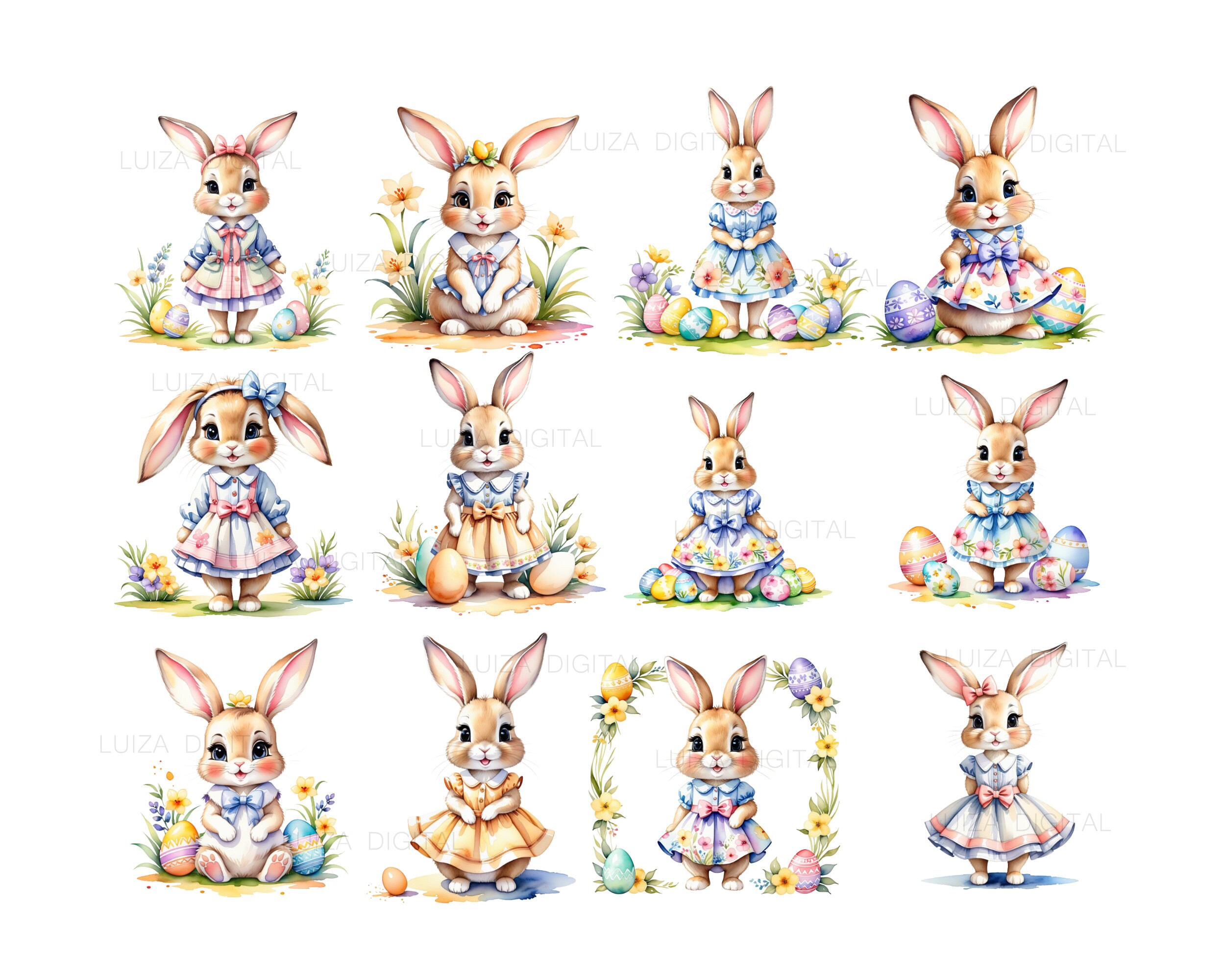 Watercolor Floral Bunny Clipart, Girl Easter Bunny in Dress Clipart ...