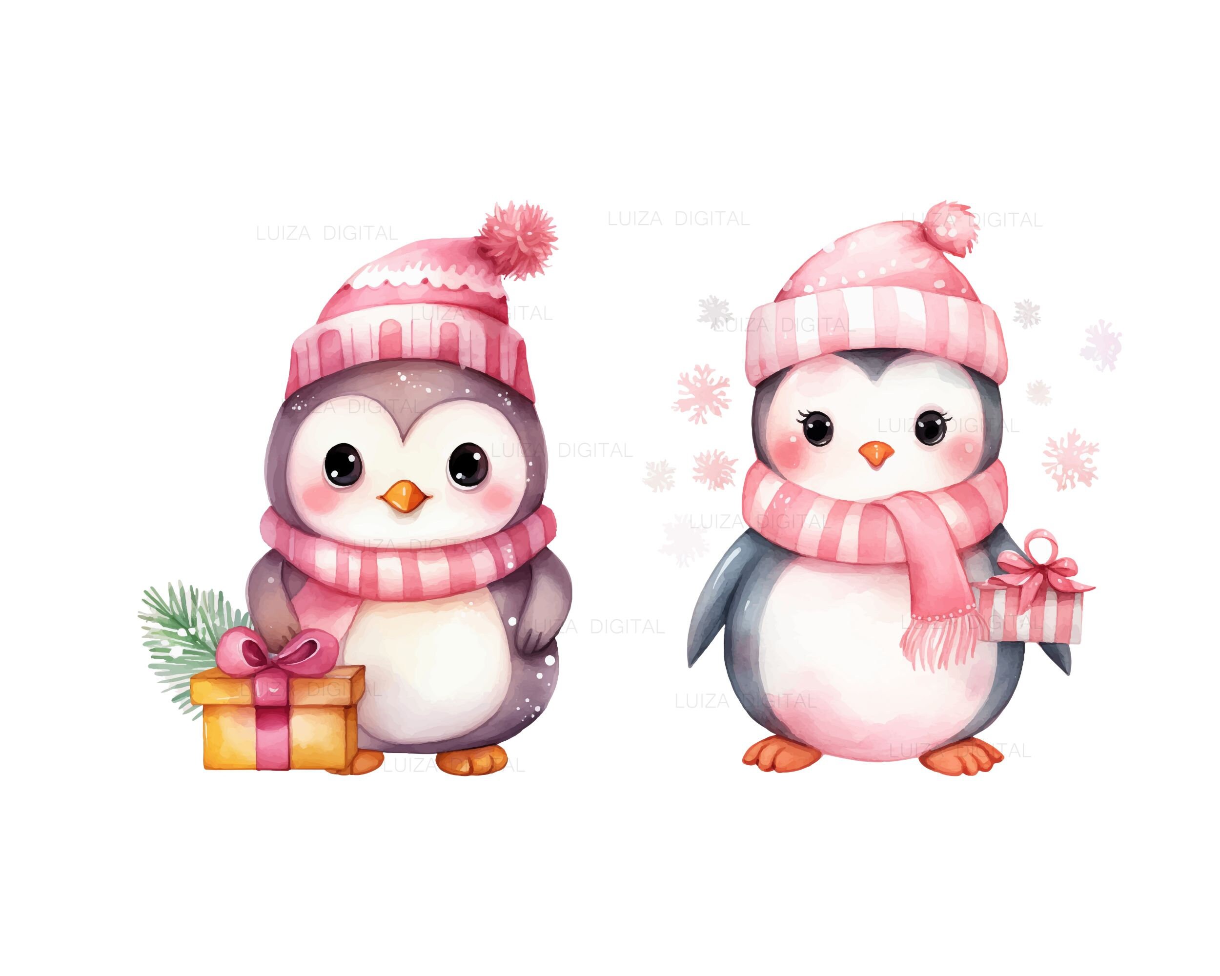 Pink Christmas Penguin Clipart, Pink Watercolor Christmas, Christmas ...