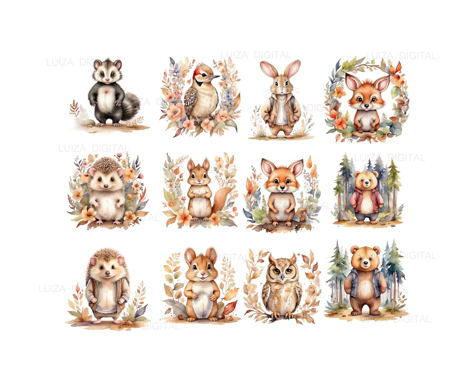 Woodland Clipart, Woodland Animals, Trees, Mushrooms Clipart, Bear, Fox ...